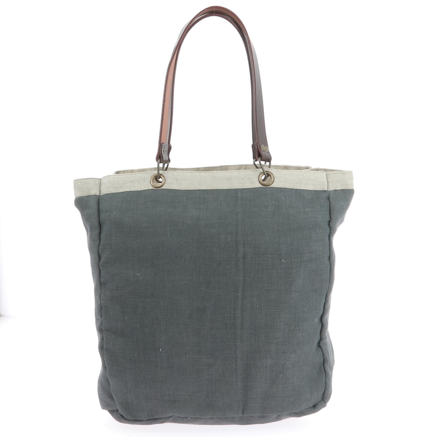Sac Cabas Double en lin lavé encre - Anses en cuir - Doublure en coton