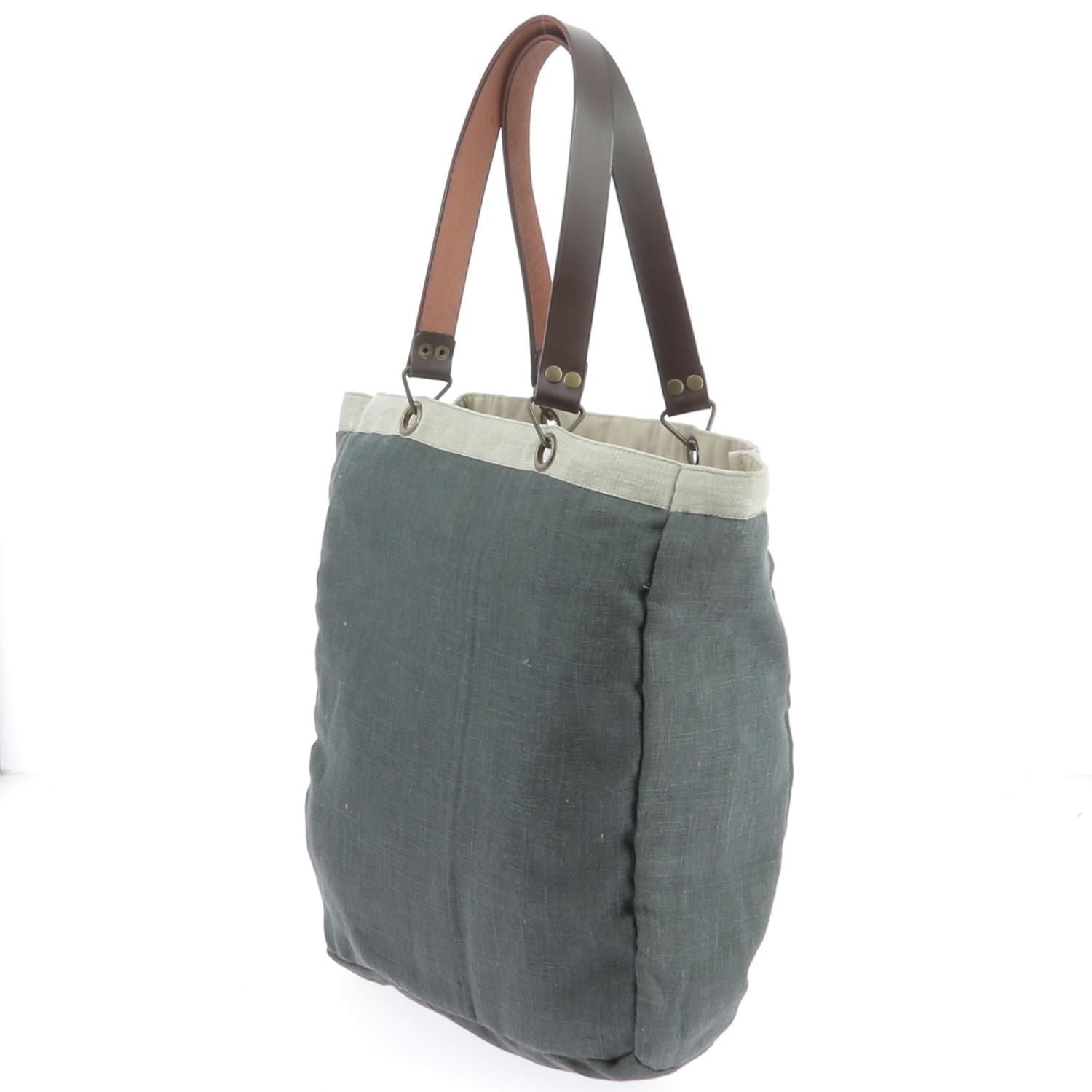Sac Cabas Double en lin lavé encre - Anses en cuir - Doublure en coton