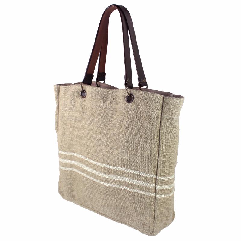 Sac Cabas en lin épais doublé coton, anses en cuir couleur lin naturel ...