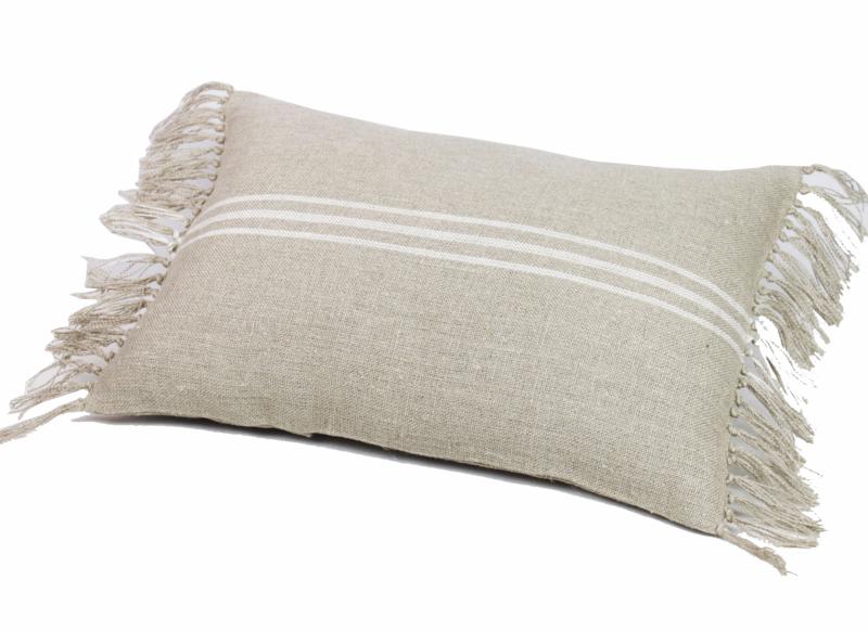 Coussin en lin épais 35x50 cm, pourvu de franges et d'une rayure blanche