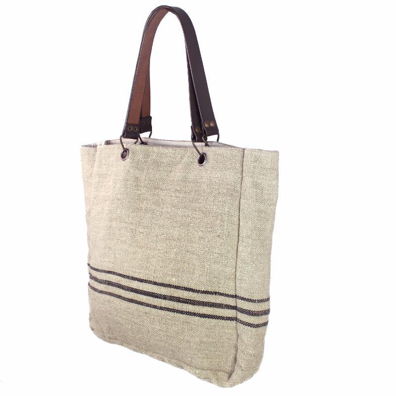 Sac Cabas en lin épais doublé coton, anses en cuir couleur lin naturel ...